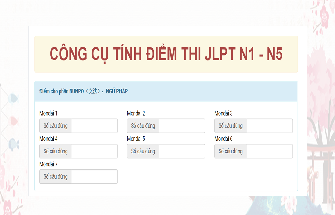 CÔNG CỤ TÍNH ĐIỂM THI JLPT N5 - N1